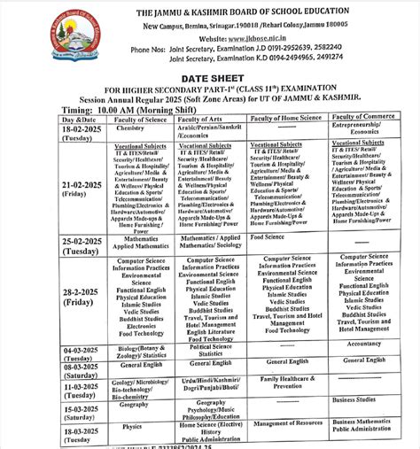 Jkbose Class 11th Date Sheet For Annual Regular 2025 Ncertguess
