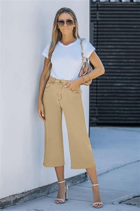Vetinee Wide Leg Capri Jeans For Women High Waisted Stretch Cropped