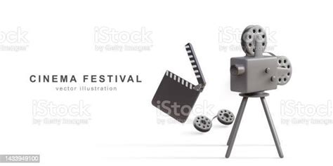 3d 현실적인 영화 영화제 포스터 복고풍 카메라 필름 릴 및 영화 박수 벡터 일러스트레이션 예술 설정에 대한 스톡 벡터 아트 및 기타 이미지 Istock