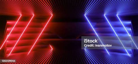 네온 레이저 공상 과학 공상 과학 공상 과학 사이버 미래 우주선 터널 복도 빛나는 푸른 빨간 빛 금속 기둥 쇼룸 창고 지하