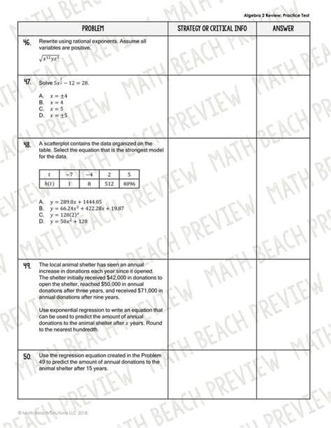 End Of Year Practice Test Algebra 2 Review By Math Beach Solutions