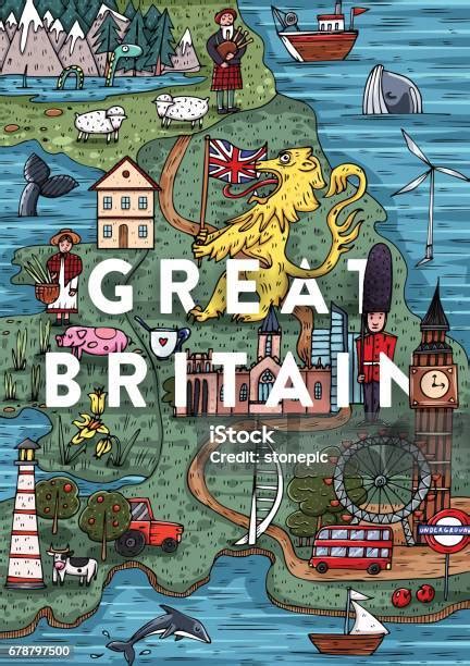 有趣的手繪卡通英國地圖向量圖形及更多英國圖片 英國 地勢景觀 名勝古蹟 Istock