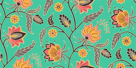 Seamless Pattern With Stylised Indian Style Flowers And Leaves On A