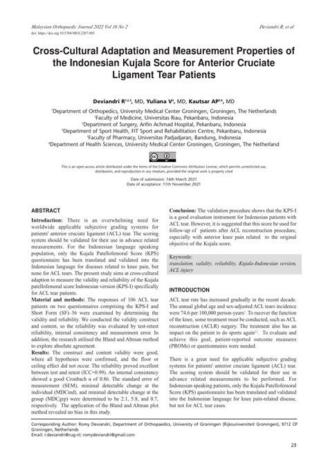 Pdf Cross Cultural Adaptation And Measurement Properties Of The Indonesian Kujala Score For