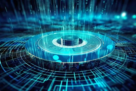 A Digital Coin Surrounded By Digital Data Streams The Concept Of Blockchain And Encryption