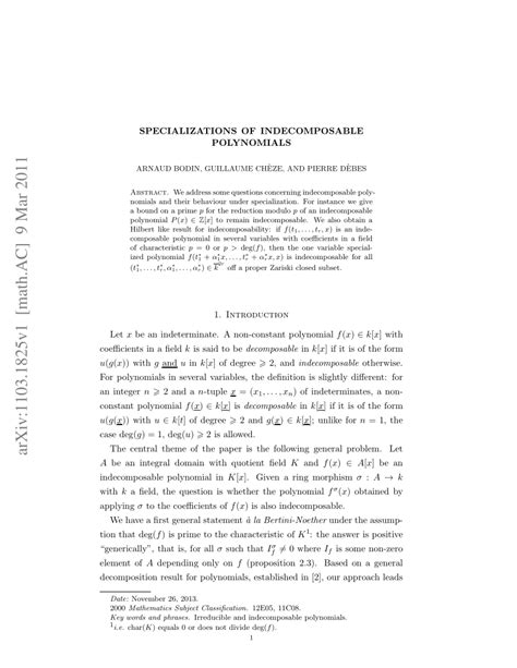 Pdf Specializations Of Indecomposable Polynomials