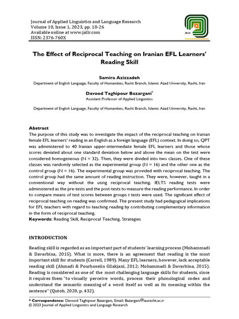 Effect Of Reciprocal Teaching On Iranian Efl Learners Reading Skills 2023 Pdf Reading