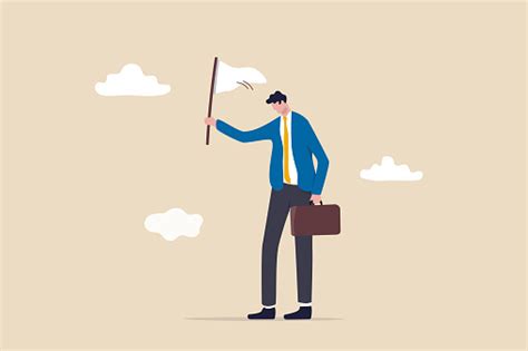 사업 전투에서 포기하거나 항복 종료하거나 실패 한 회사 개념을 중지 할 시간 포기 또는 직장과 사업을 포기의 흰색 플래그 은유를 흔들 슬픈 사업가 사직에 대한 스톡 벡터