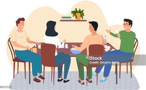 테이블에 앉아 카드를 연주하는 친구 집이나 카페에서 함께 즐거운 시간을 보내는 젊은 사람들 Brand Name Video Game에 대한 스톡 벡터 아트 및 기타 이미지