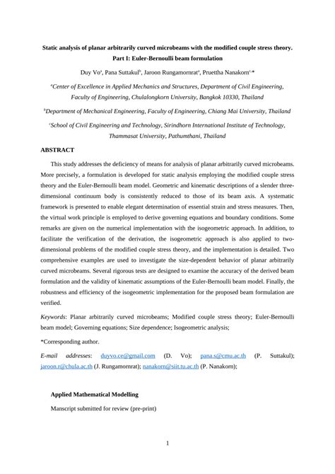 PDF Static Analysis Of Planar Arbitrarily Curved Microbeams With The Modified Couple Stress