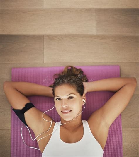 Woman Portrait And Listening To Music On Yoga Mat With Peace For