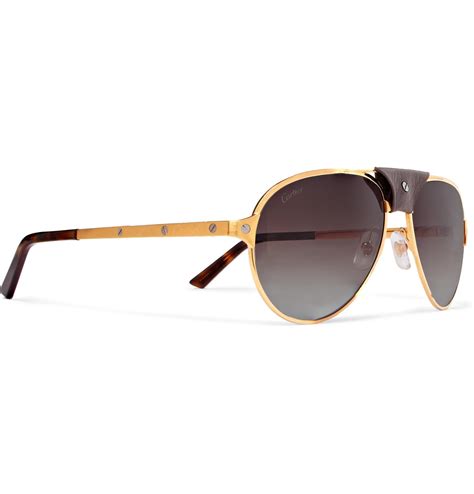 Cartier Santos De Cartier Aviator Style Leather Trimmed Gold Plated Sunglasses In Metallic For