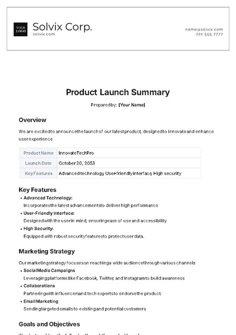 Free Product Launch Summary Template To Edit Online