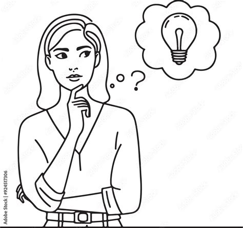 Adobe Illustrator Minimalist Line Art Woman Thinking With Idea Light