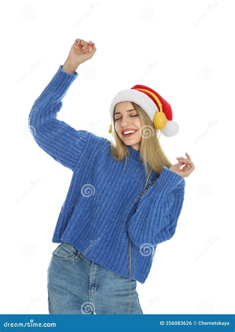 Happy Woman With Headphones On White Background Christmas Music Stock