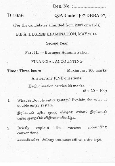 Financial Accounting MBA Bharathiar University II Year Question Paper University Question