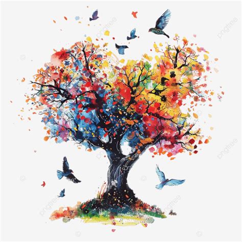 날아다니는 새들이 있는 생동감 넘치는 나무 예술 작품 삽화 화려한 나무 Png 일러스트 및 이미지 에 대한 무료 다운로드 Pngtree
