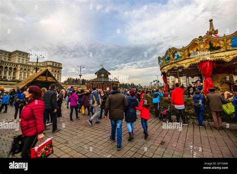 People At Bucharest Christmas Market In Downtown Bucharest Romania