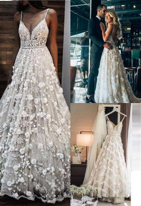 Spaghetti Straps Backless Wedding Dress With Flowers Boho Bridal Dress