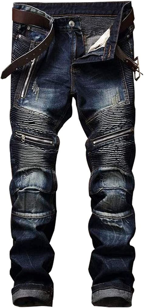 Aititia Mens Biker Zipper Deco Washed Straight Fit Jeans Straight