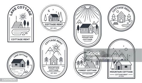코티지 엠블럼 빈티지 캐빈 휴양지 야외 휴양지 및 호수 숲 및 산악 별장이있는 시골 휴가 브랜딩 배지 자연 관광 벡터 템플릿 세트 개체 그룹에 대한 스톡 벡터 아트 및 기타