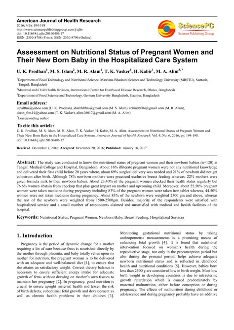 Pdf Assessment On Nutritional Status Of Pregnant Women And Their New