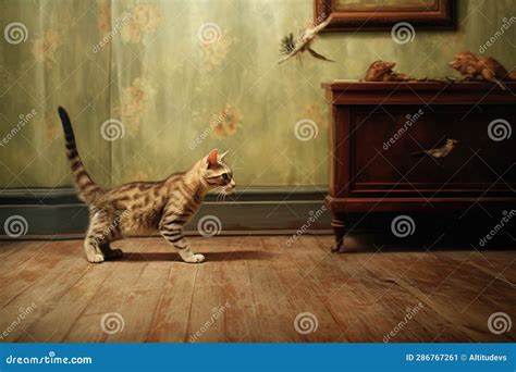 Mouse Running Across Floor Cat In Pursuit Stock Illustration
