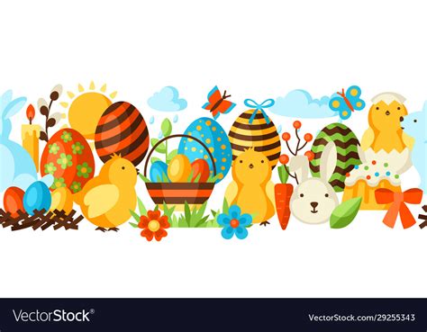 Happy Easter Seamless Pattern With Holiday Items Vector Image