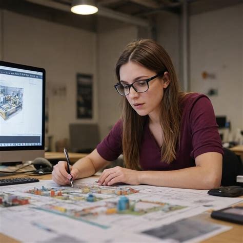 Woman Sits At A Desk With A Computer And A Drawing Of A Building Being