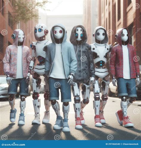 Futuristic Teenage Humanoid Robots In Street Wear Stock Illustration