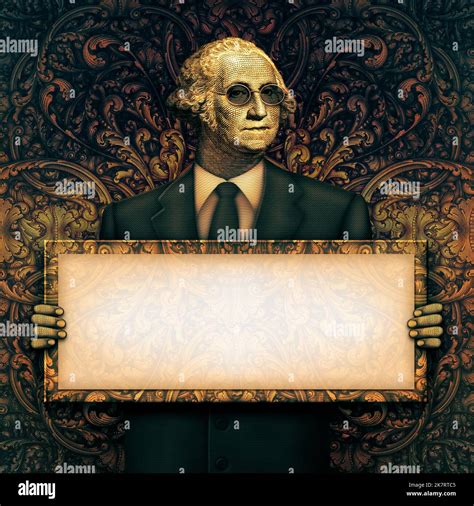 Photo Illustration Of A Blank Sign Being Held By George Washington Wearing Sunglasses Stock