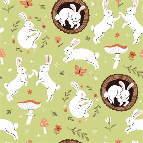 Seamless Pattern With Cute Forest White Rabbits Vector Graphics Stock
