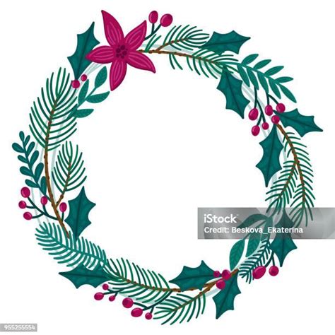 Latar Belakang Natal Vektor Dengan Karangan Bunga Dari Cabang Pinus