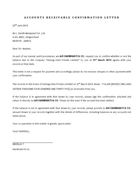 Accounts Receivable Confirmation Letter March 2014 Agrees With Your