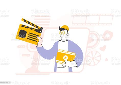 트렌디 한 스타일의 라인 아트 남성 블로거 소셜 네트워킹의 개념 벡터 일러스트레이션 Brand Name Online