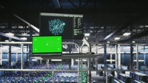 Industrial Platform Workstation Isolated Screen Laptop In Automated Data Center Stock Footage