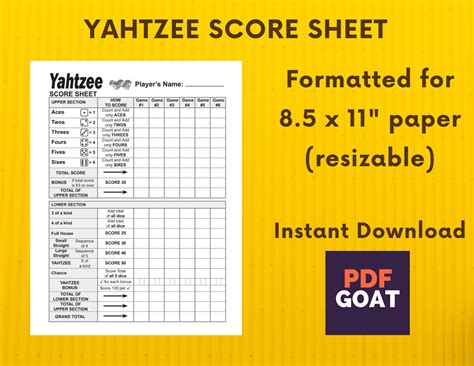 Yahtzee Score Sheet Printable File Instant Pdf Download 8 5x11 In