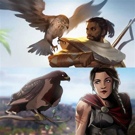 Bayek And Senu And Kassandra And Ikoros Assassins Creed Anime Desenhos