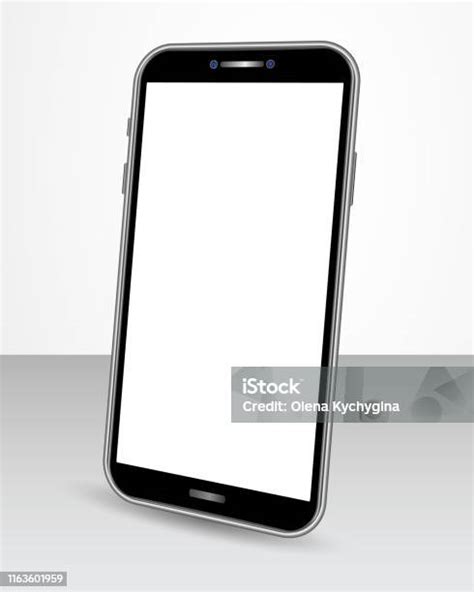 원근 보기에서 광택 테이블에 격리 된 빈 화면이있는 사실적인 스마트 폰 배너 포스터 광고 프로모션 모바일 앱 디지털 마케팅을위한 스마트 폰 모형 디자인 0명에 대한 스톡