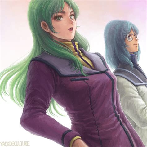 Safebooru Blue Hair Choujikuu Yousai Macross Couple Glasses Green