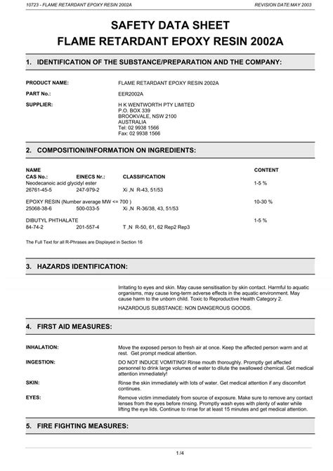 Safety Data Sheet Flame Retardant Epoxy Resin 2002a Wes