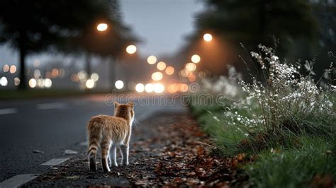 A Cat Strolls Along A Roadside At Night Illuminated By Soft Warm