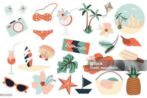 플랫 디자인의 여름 시간 휴식 컬렉션 수영복 모자 칵테일 야자수 선글라스 파인애플 꽃 아이스크림 서핑 보드 및 기타 고립 된 요소 세트 벡터 그림입니다 손으로 그린 스타일