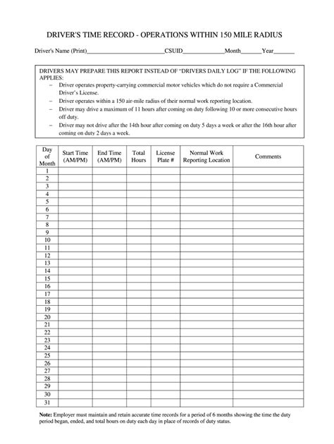 Driver Time Record Form Fill Out And Sign Printable Pdf Template