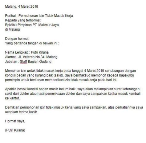 10 Contoh Surat Izin Tidak Masuk Kerja LokerPintar Id