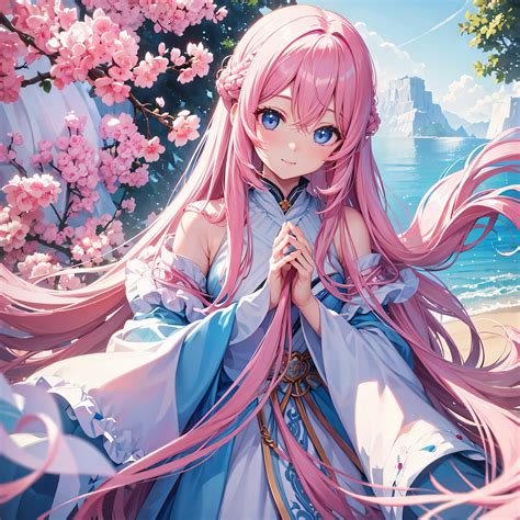 湖の前に立つ、長いピンクの髪と青いドレスを着たアニメの女の子 Seaart Ai