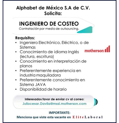VACANTE INGENIERO DE COSTEO EliteLaboral