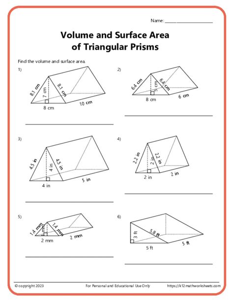 Volume And Surface Area Of Triangular Prisms K12 Math Worksheets