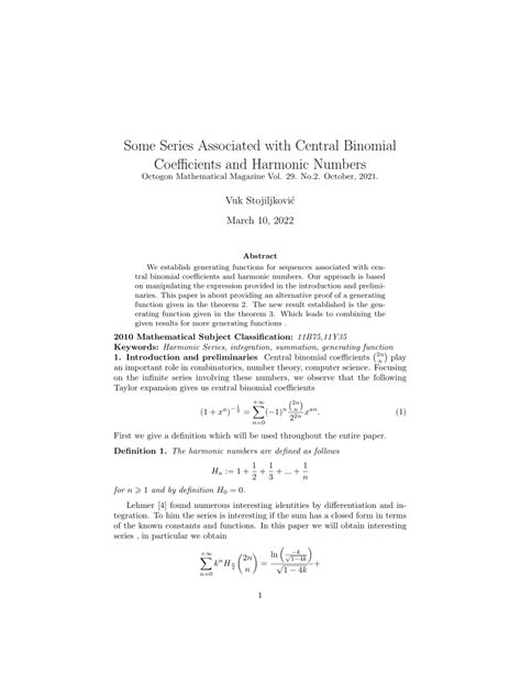 Pdf Some Series Associated With Central Binomial Coefficients And