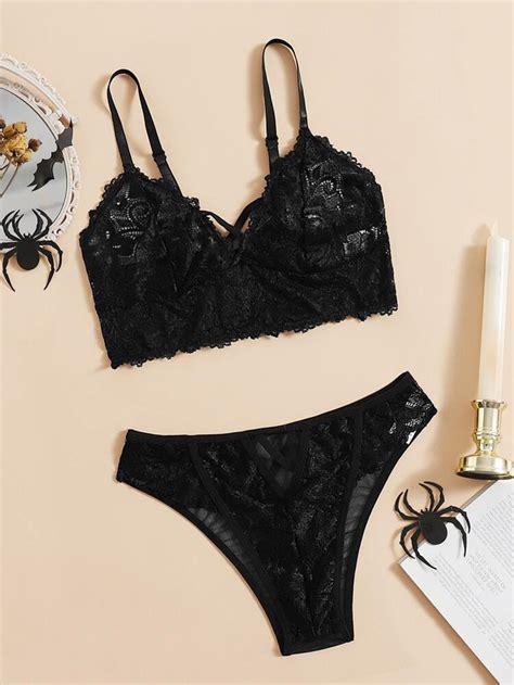 Solid Floral Lace Lingerie Set Shein Uk